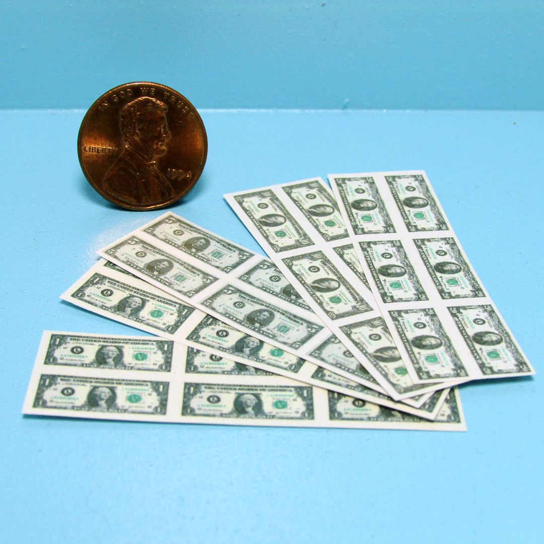 Dollhouse Miniature Replica Paper Money $1 $5 $10 and $20 30 Bills ...